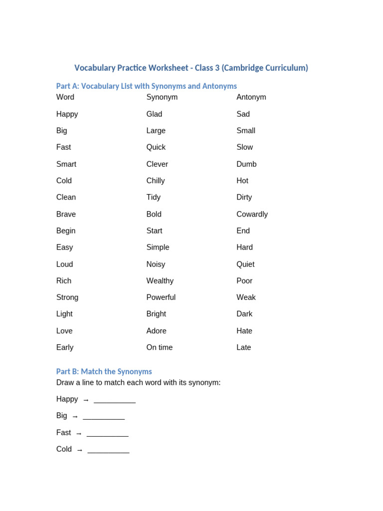 Vocabulary Worksheet Class3 | PDF