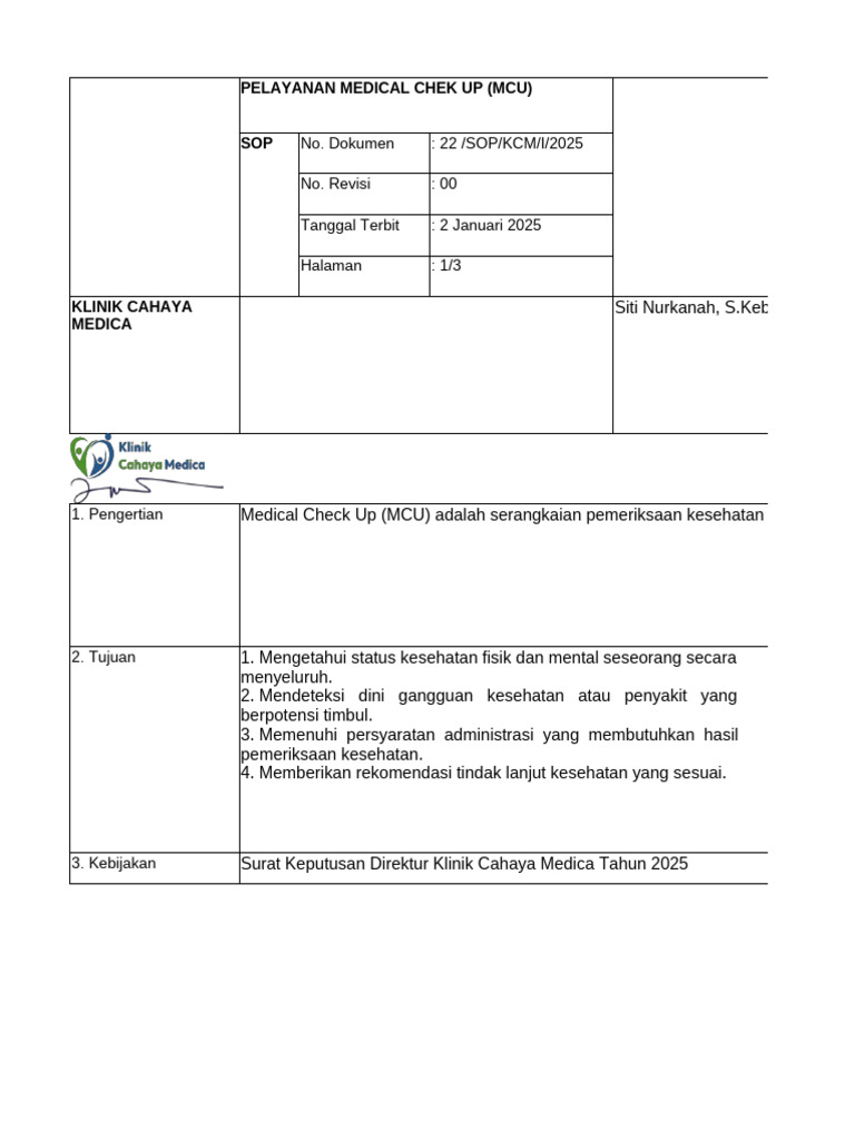 SOP Pelayanan Medical Check Up | PDF