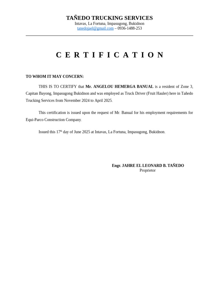 Tañedo Trucking Services Employment Cert. | PDF