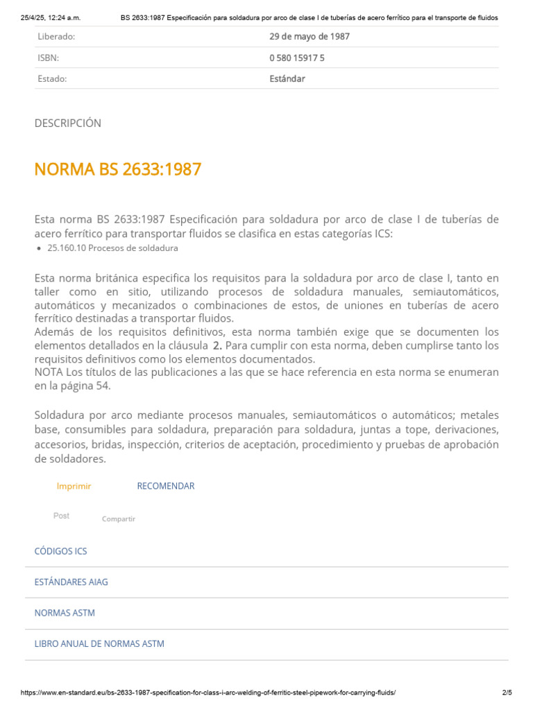 BS 2633 - 1987 Especificación para Soldadura Por Arco de Clase I de ...