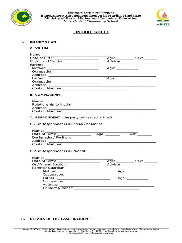 Nuro Central Elementary School Intake Sheet | PDF