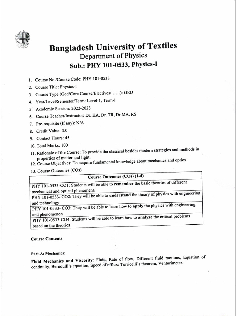 Physics-1 Syllabus Tem (l1 t1) | PDF