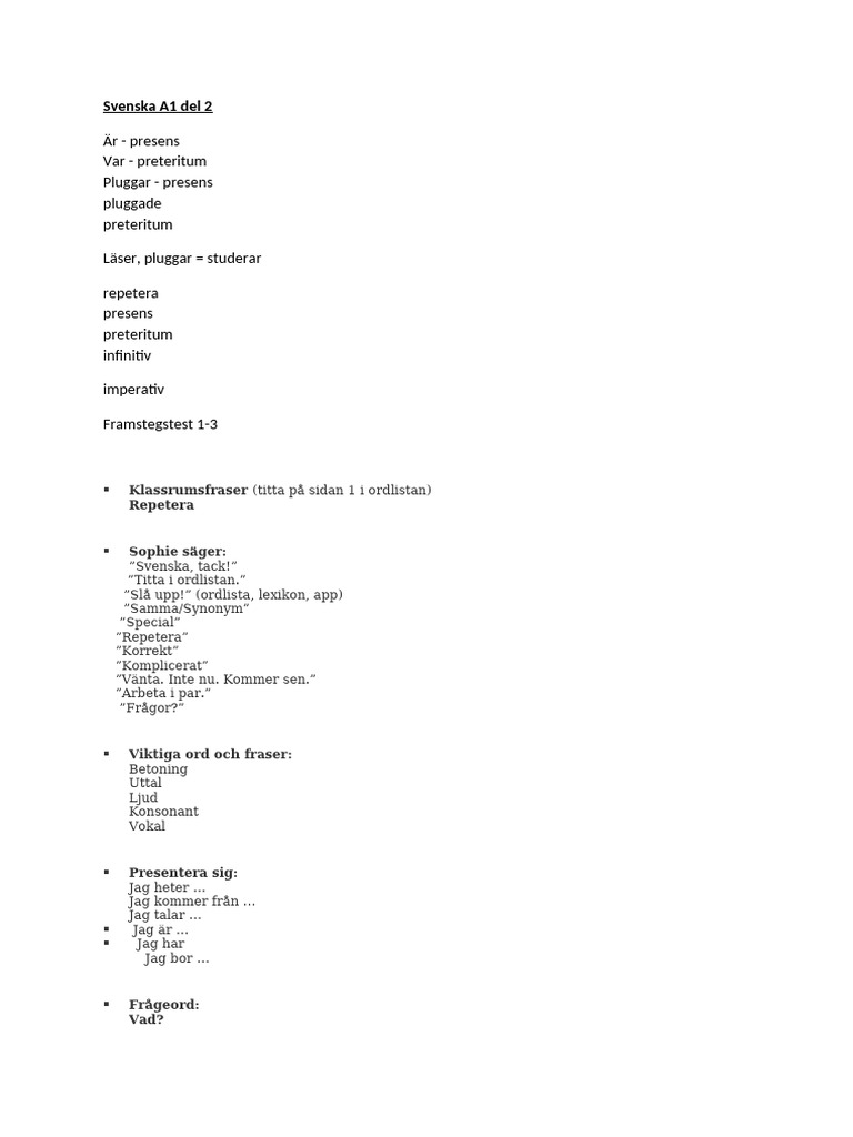 Svenska A1 Del 2 | PDF