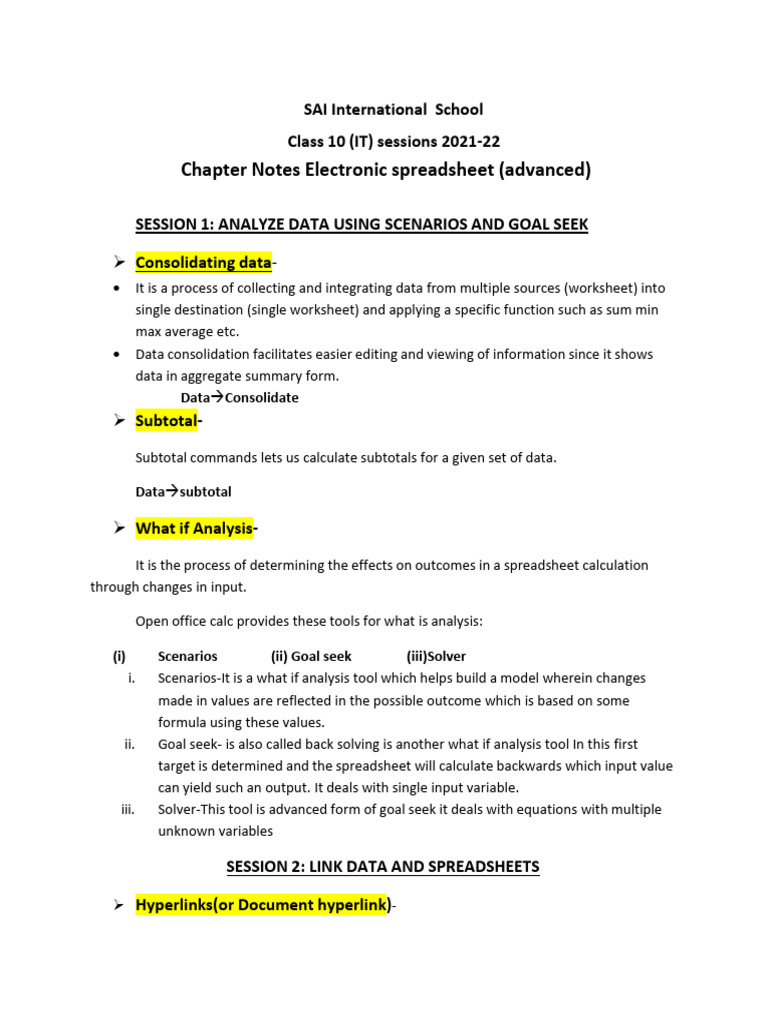 Chapter Notes Electronic Spreadsheet | PDF | Spreadsheet | Hyperlink