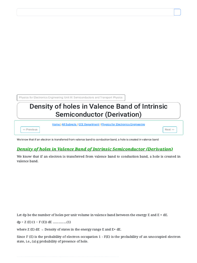 Derivation of Hole Density in Semiconductors | PDF | Electron Hole ...