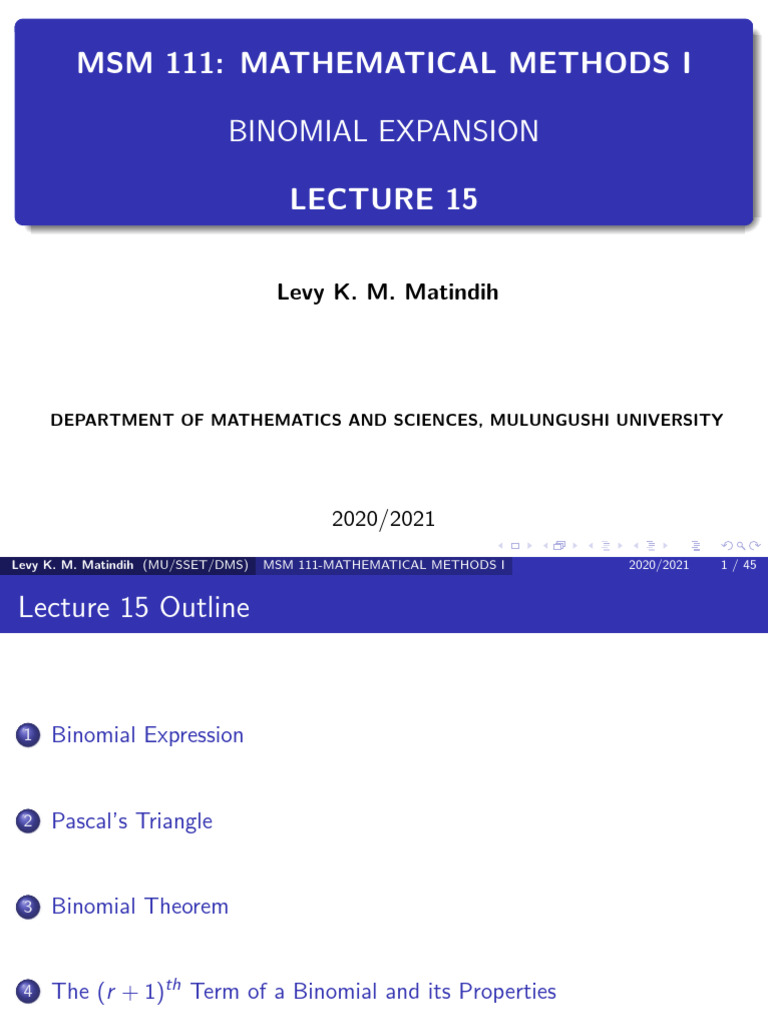 MSM 111 Lecture 14 - Binomial Expansion-1 | PDF | Discrete Mathematics | Mathematics