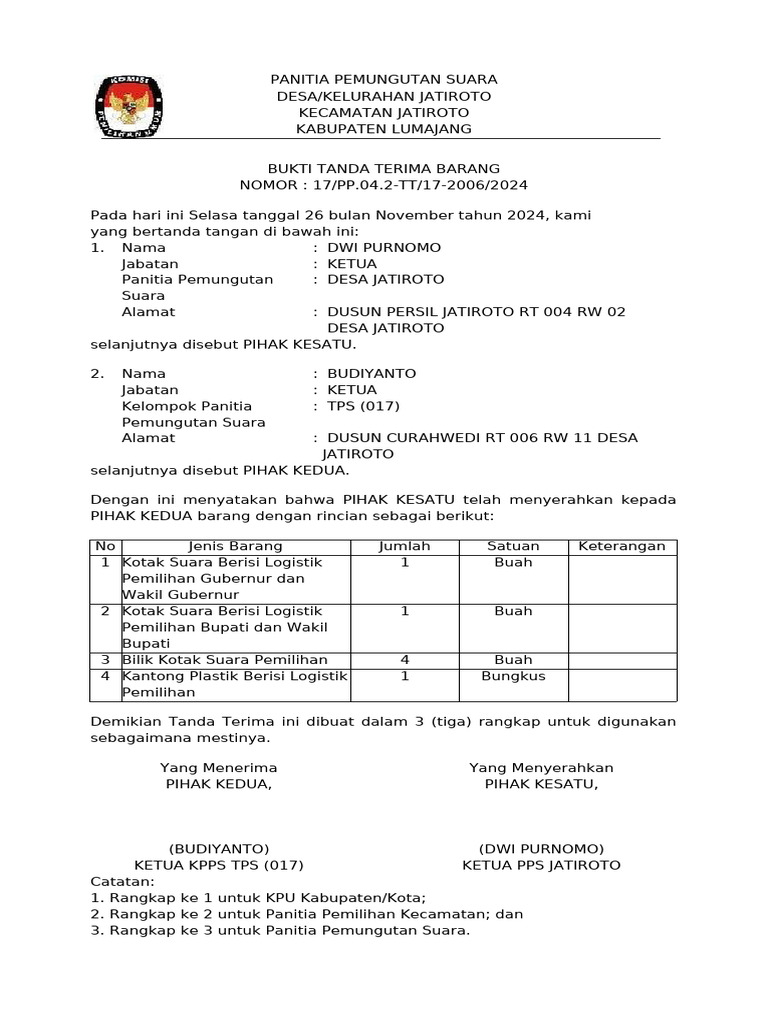Template Bukti Tanda Terima Barang Tps 3 Kel Grati Kec Sumbersuko | PDF
