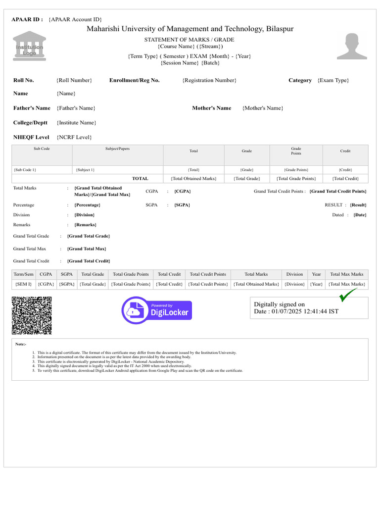 University Degree Marksheet Template 2 | PDF