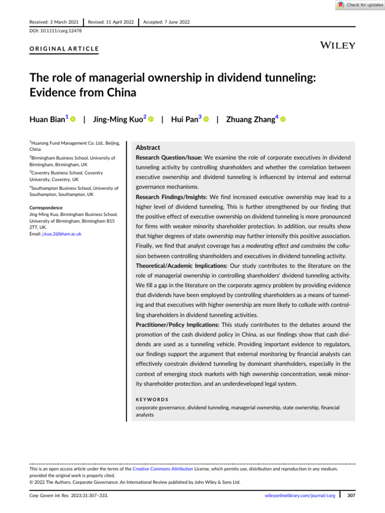 Corporate Governance - 2022 - Bian - The Role of Managerial Ownership ...