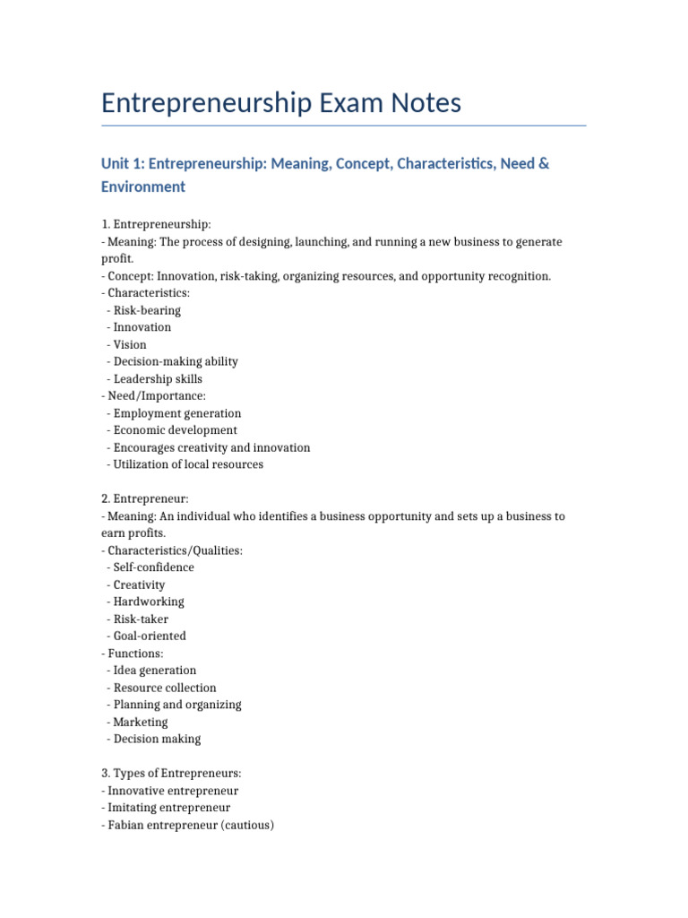 Entrepreneurship Exam Notes Overview | PDF | Entrepreneurship | Startup ...
