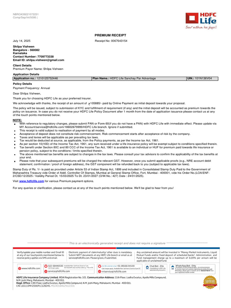 Payment Receipt 0067643154 | PDF | Insurance | Life Insurance