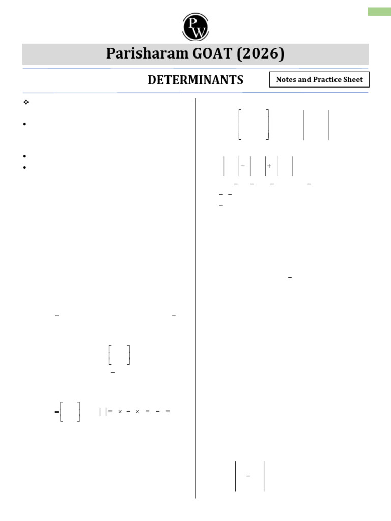 Practice Sheet Determinants Maths Parisharam GOAT2026 Class 12 Deepak ...