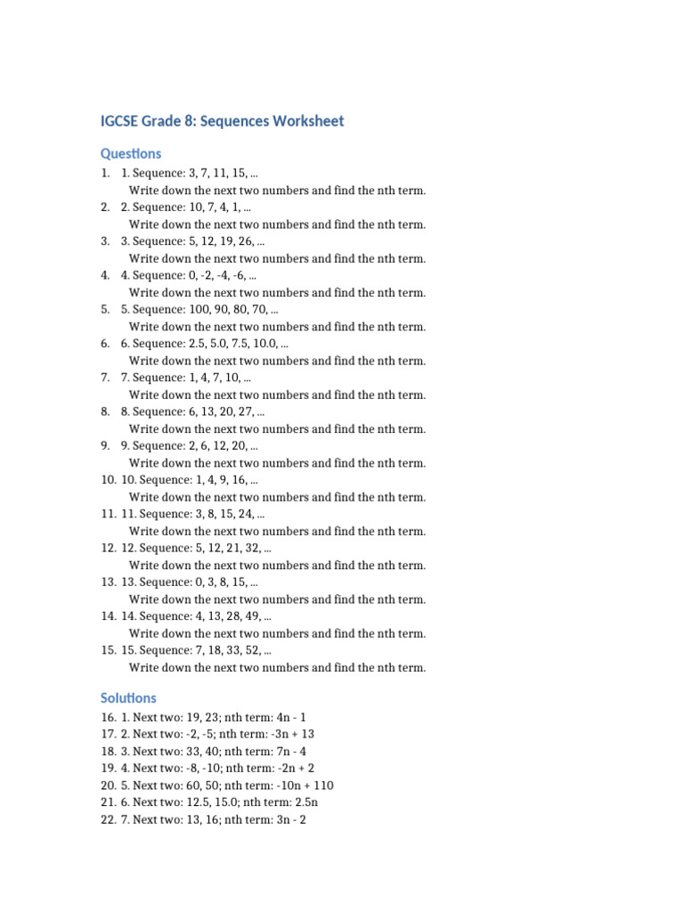 IGCSE Grade8 Sequences Worksheet | PDF