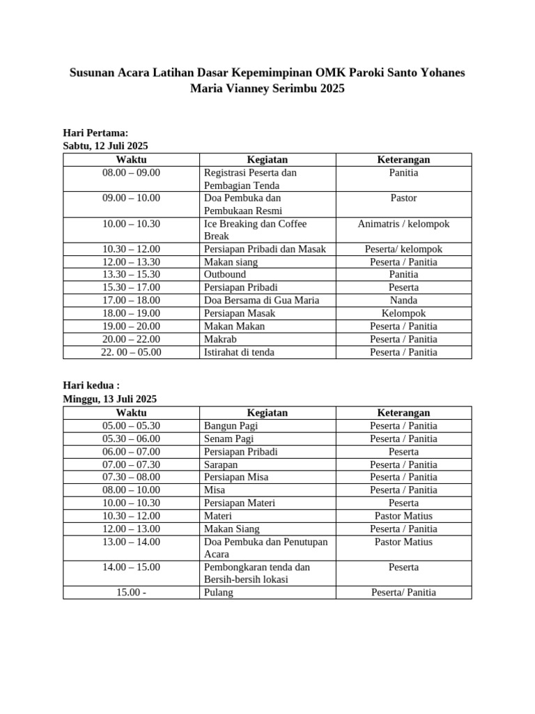 Susunan Acara LDK Omk Paroki Serimbu 2025-1 | PDF