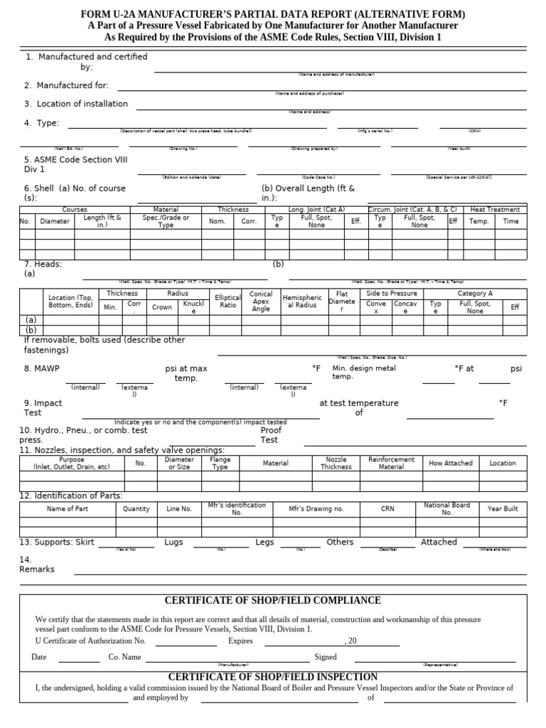 ASME Form U-2A Pressure Vessel Report | PDF | Mechanical Engineering