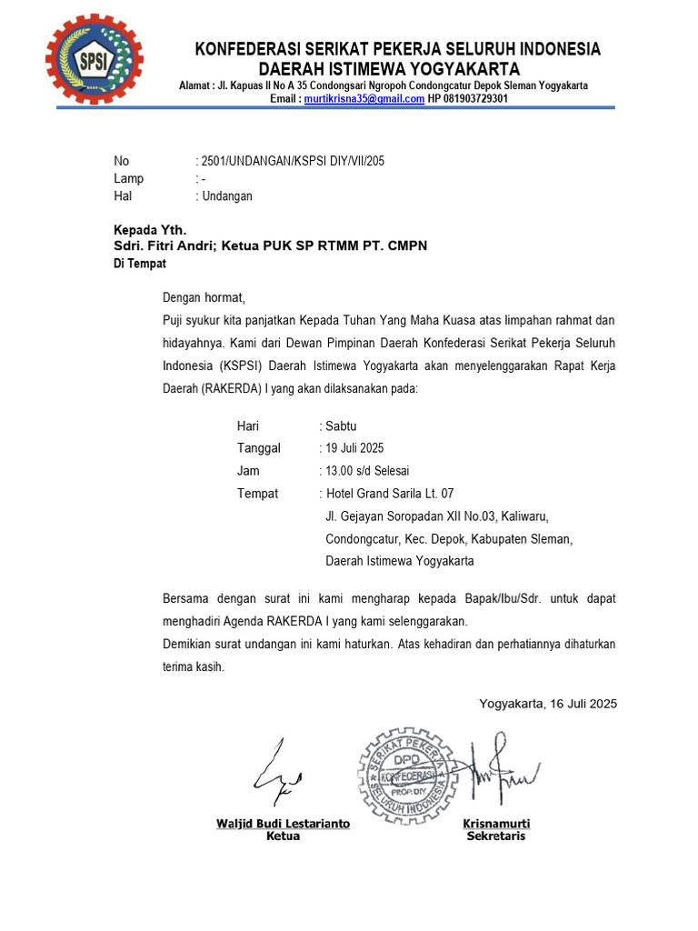 Undangan Rakerda I PUK CMPN 2025 | PDF