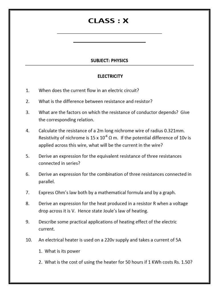 CBSE Class 10 Physics Worksheet 2 Electricity | PDF