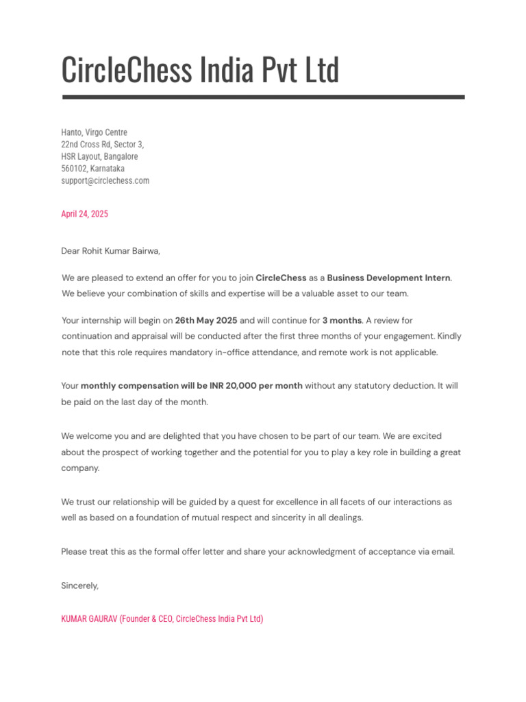 Rohit Offer Letter - Internship | PDF