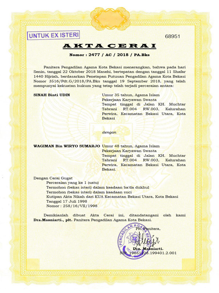 Akta Cerai Pengadilan Agama Bekasi | PDF