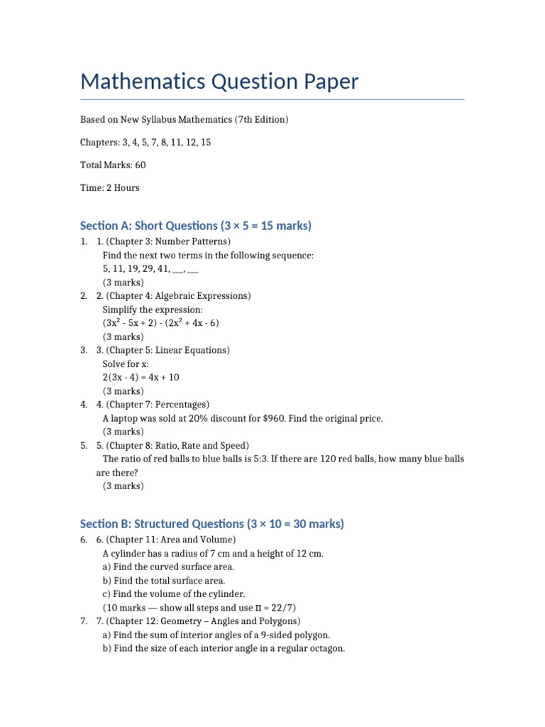Mathematics Question Paper | PDF