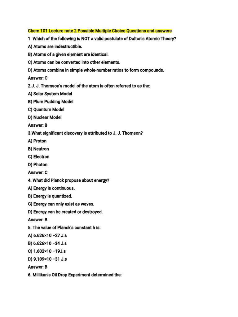 Chem 101 Lecture 2 Possible Questions and Answers (1) | PDF