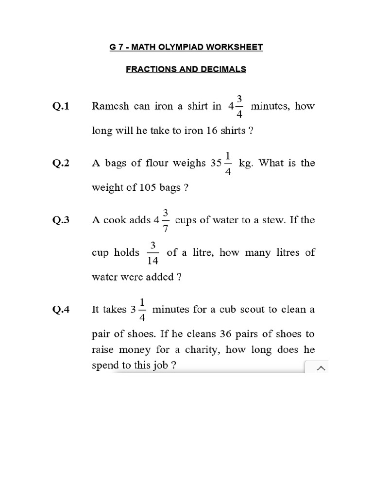 G 7 - Math Olympiad Worksheet - Fractions and Decimals | PDF