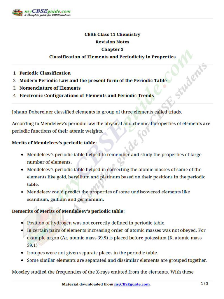 11 Chemistry Notes Ch03 Classification of Elements | PDF