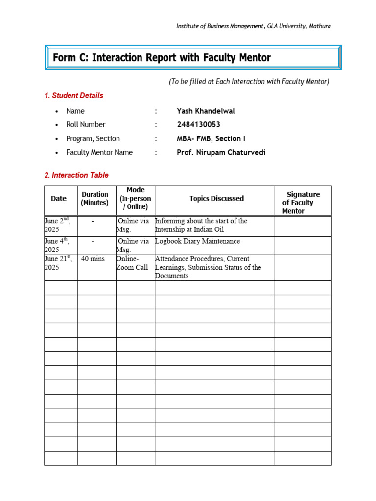 Annexure 06 - Form C Interaction With Faculty Mentor (IRFM) | PDF ...