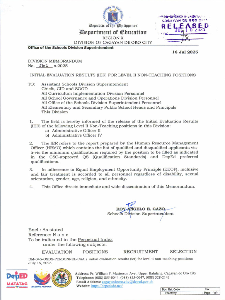 DM562s2025 - Initial Evaluation Results (IER) For Level II Non-Teaching ...
