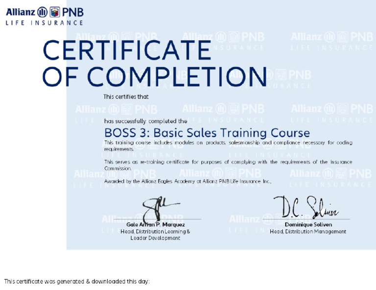 BOSS3AGENCYNEWRECRUIT - Certificate of Completion For BOSS 3 - Basic Sales Training | PDF