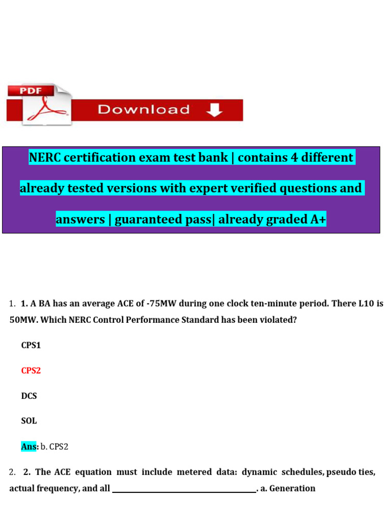 Nerc Certification Exam Test Bank Contains 4 Different Already Tested ...