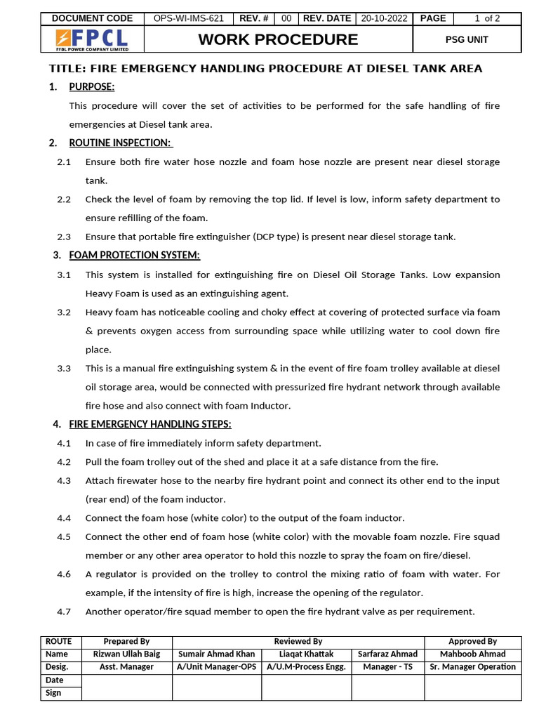 Diesel Tank Fire Emergency Procedure | PDF