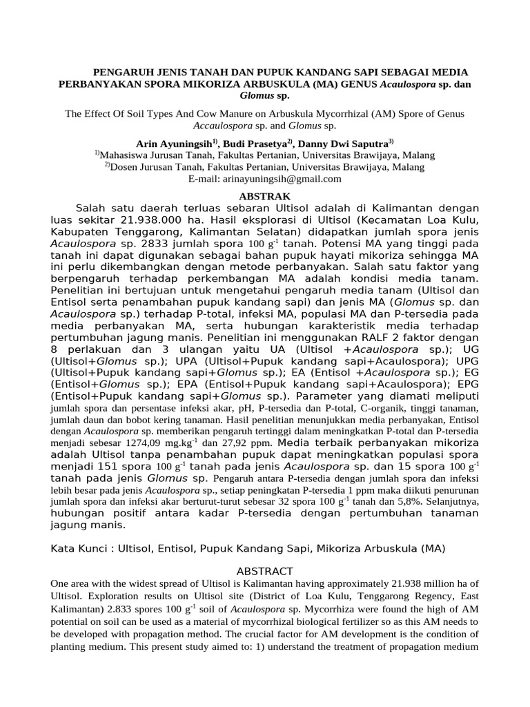 Pengaruh Jenis Tanah Dan Pupuk Kandang Sapi Sebagai Media Perbanyakan Spora Mikoriza Arbuskula | PDF