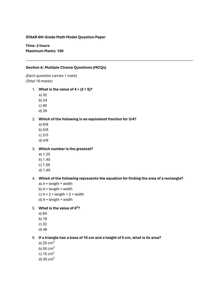 Staar Math Test Question Paper | PDF | Area | Length