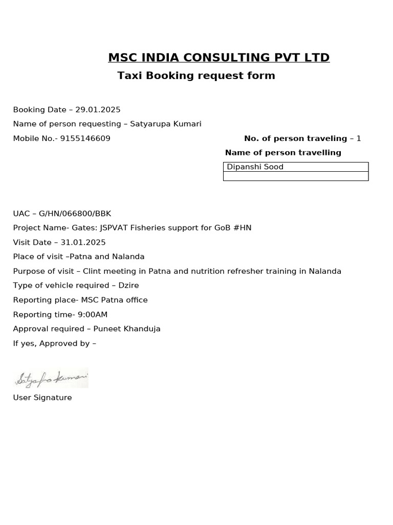 Taxi Booking Request for Patna Meeting | PDF