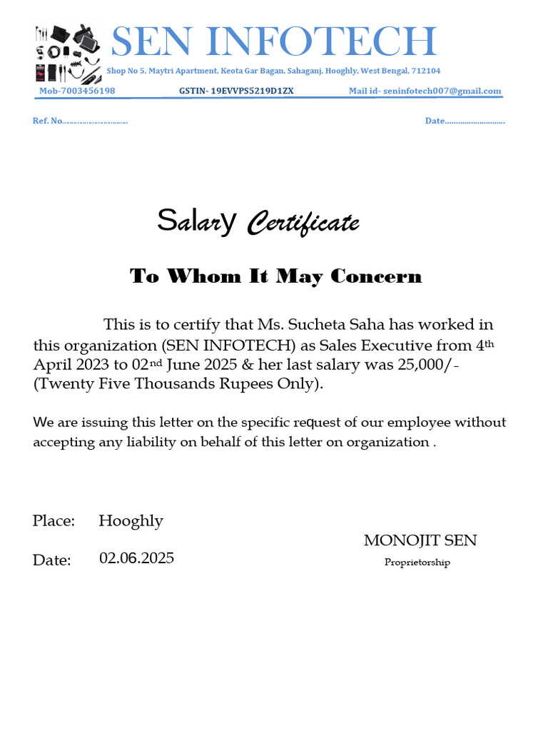SEN Infotech Salary Certificate | PDF
