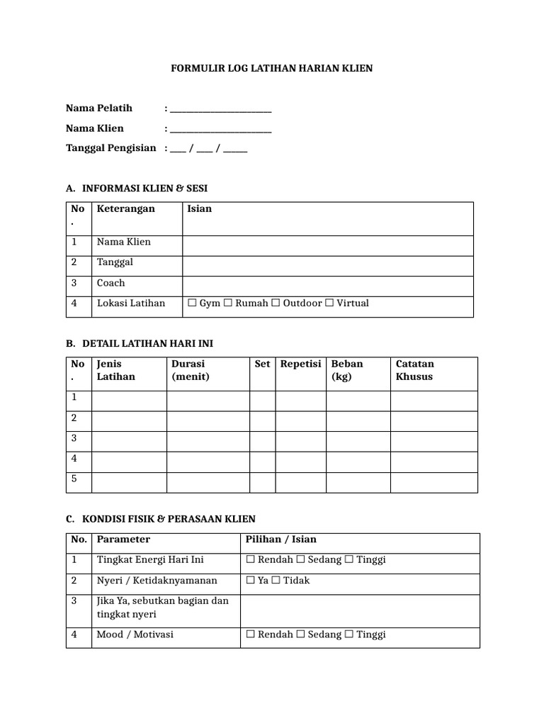 Formulir Log Latihan Harian Klien | PDF