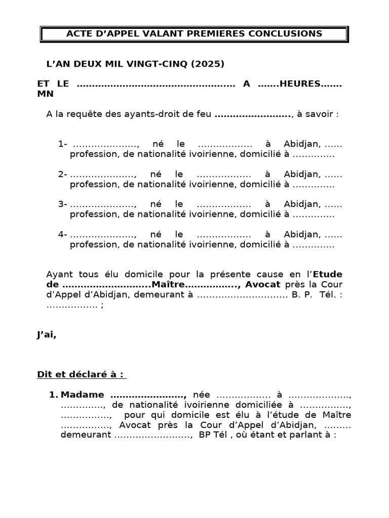 Acte D'appel Valant Premieres Conclusions | PDF | Greffier | Justice