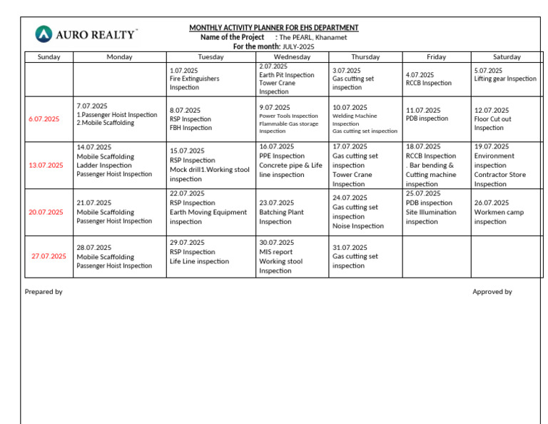 July 2025 Monthly Activity Plan For Ehs Department | PDF