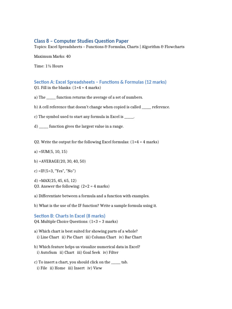 Class 8 Computer Question Paper Updated | PDF | Microsoft Excel ...