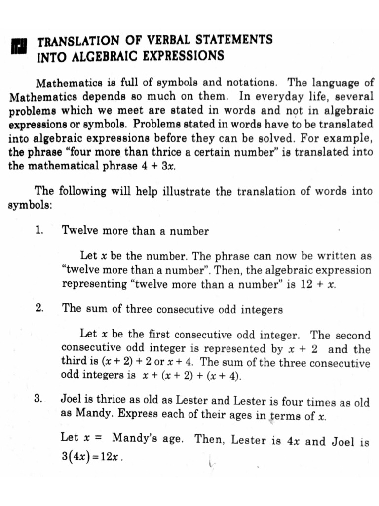 Algebraic Expressions Additional Reference | PDF