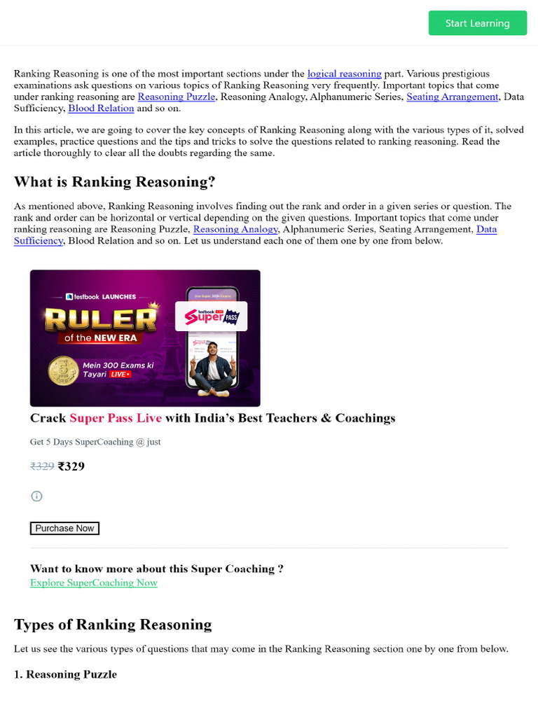 Ranking Reasoning - Learn Key Concepts With Solved Examples Here | PDF