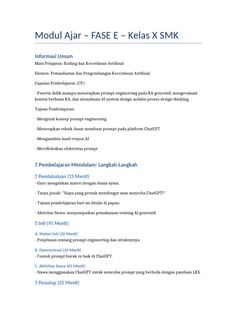 Modul Ajar FASE E Kelas X SMK Prompt Engineering | PDF