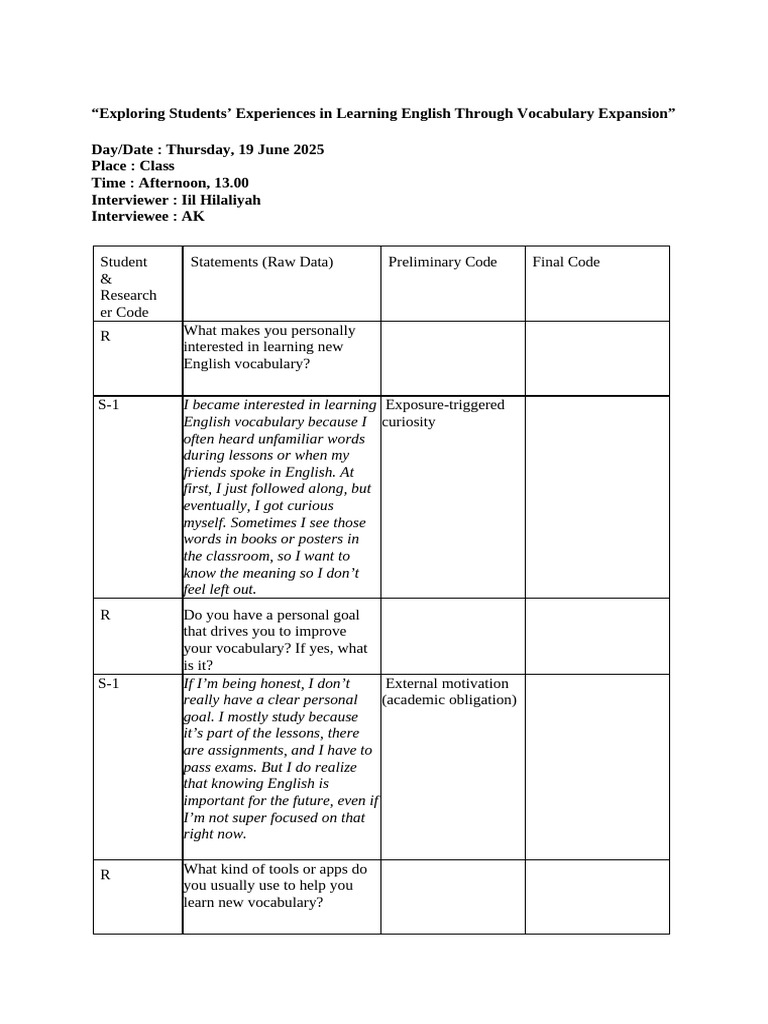 Qualitative - Interview Transcript Iil | PDF | Vocabulary | Flashcard