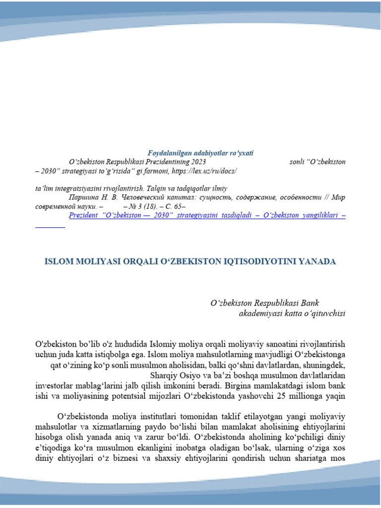 Islom Moliyasi Orqali Ozbekiston Iqtisodiyotini y | PDF