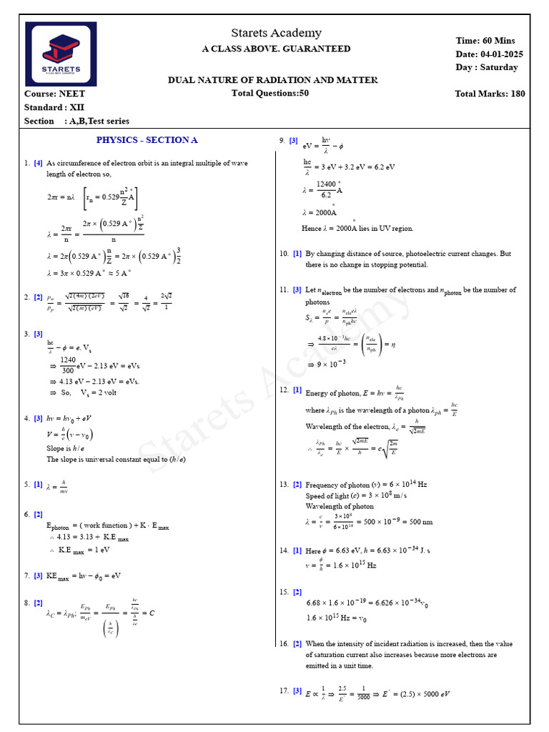 Dual Nature of Radiation and Matter - Solutions-1 | PDF | Electronvolt | Electromagnetic Radiation