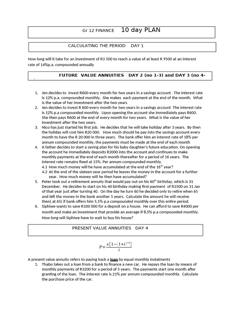 Grade 12 Finance: Investment & Loan Calculations | PDF | Interest ...