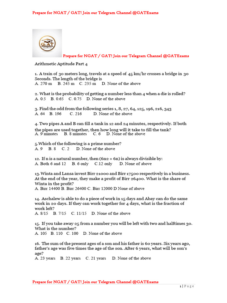 NGAT/GAT Exam Preparation Questions | PDF | Mathematics | Arithmetic