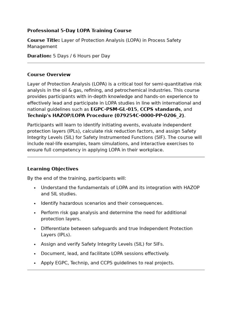 5-Day LOPA Training Course Overview | PDF | Safety | Systems Thinking