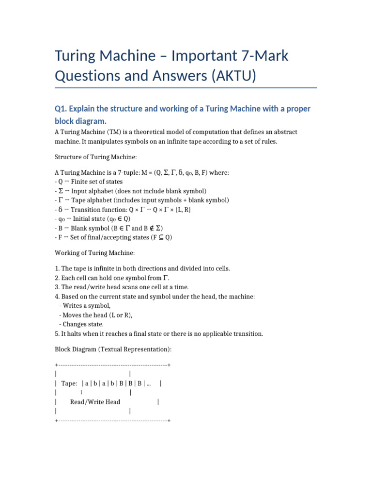 Turing Machine 7 Marks Questions Answers | PDF | Theory Of Computation | Theoretical Computer ...